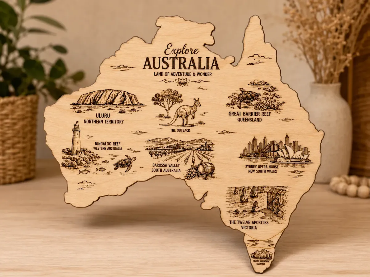 Explore Australia - Landmarks and Attractions Wooden Map | Laser Cut ...