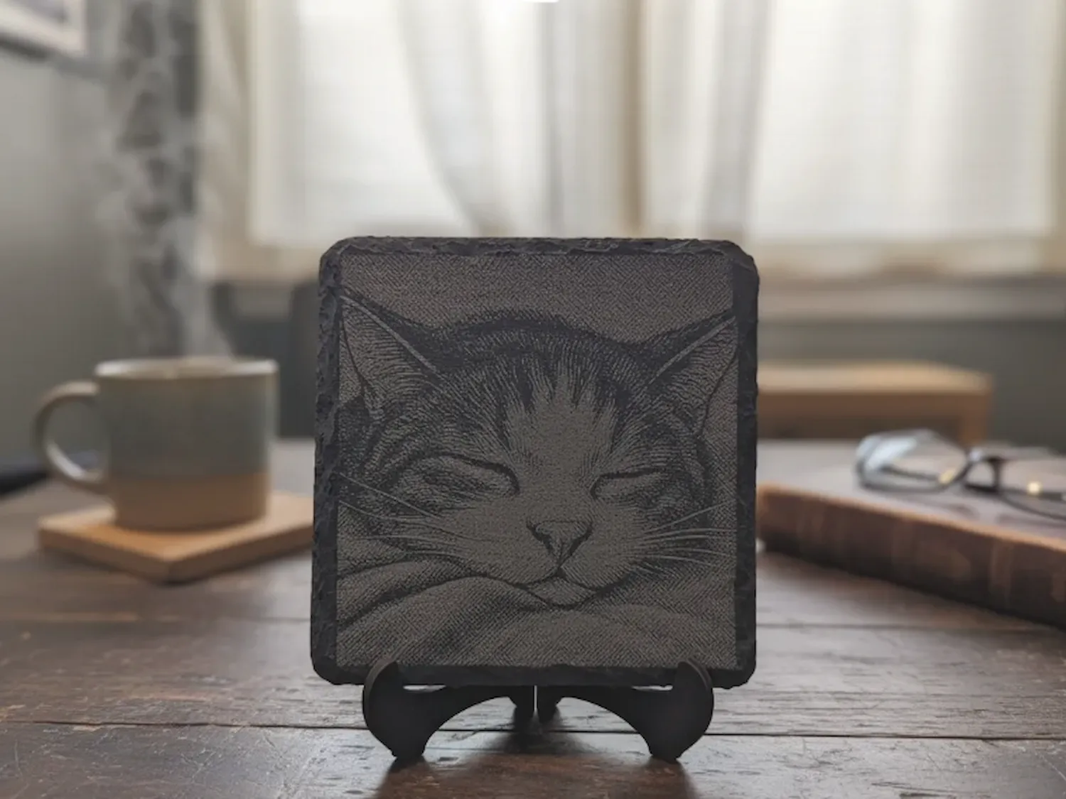 "Cat On Duty" Halftone cat portrait on Slate Coaster