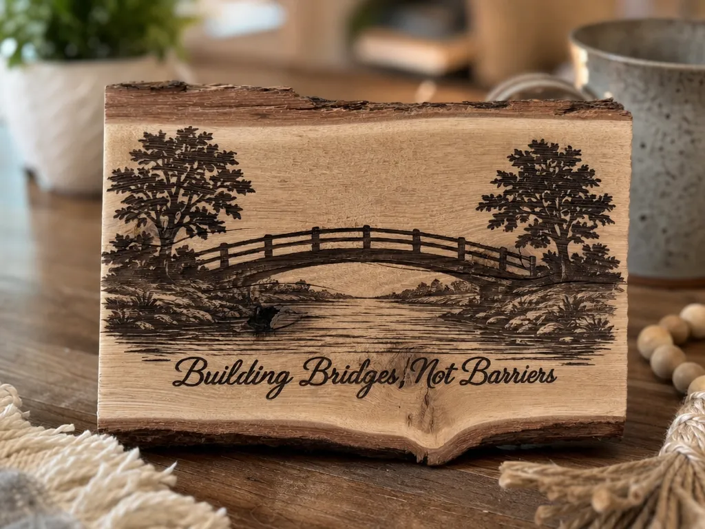 Live Edge Wood Sign with Bridge Landscape and Building Bridges Not ...
