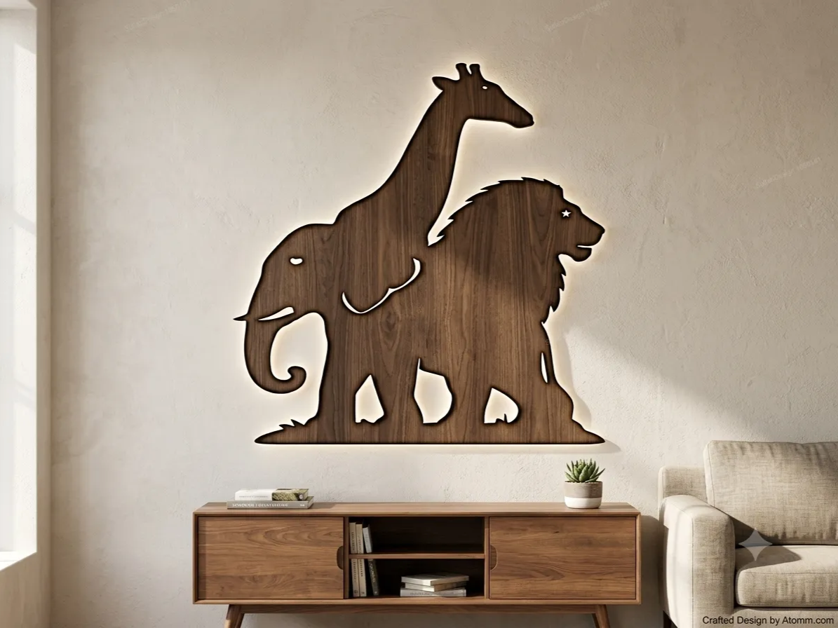 Safari Animal Silhouette Wall Art with Backlit Giraffe, Elephant, and ...