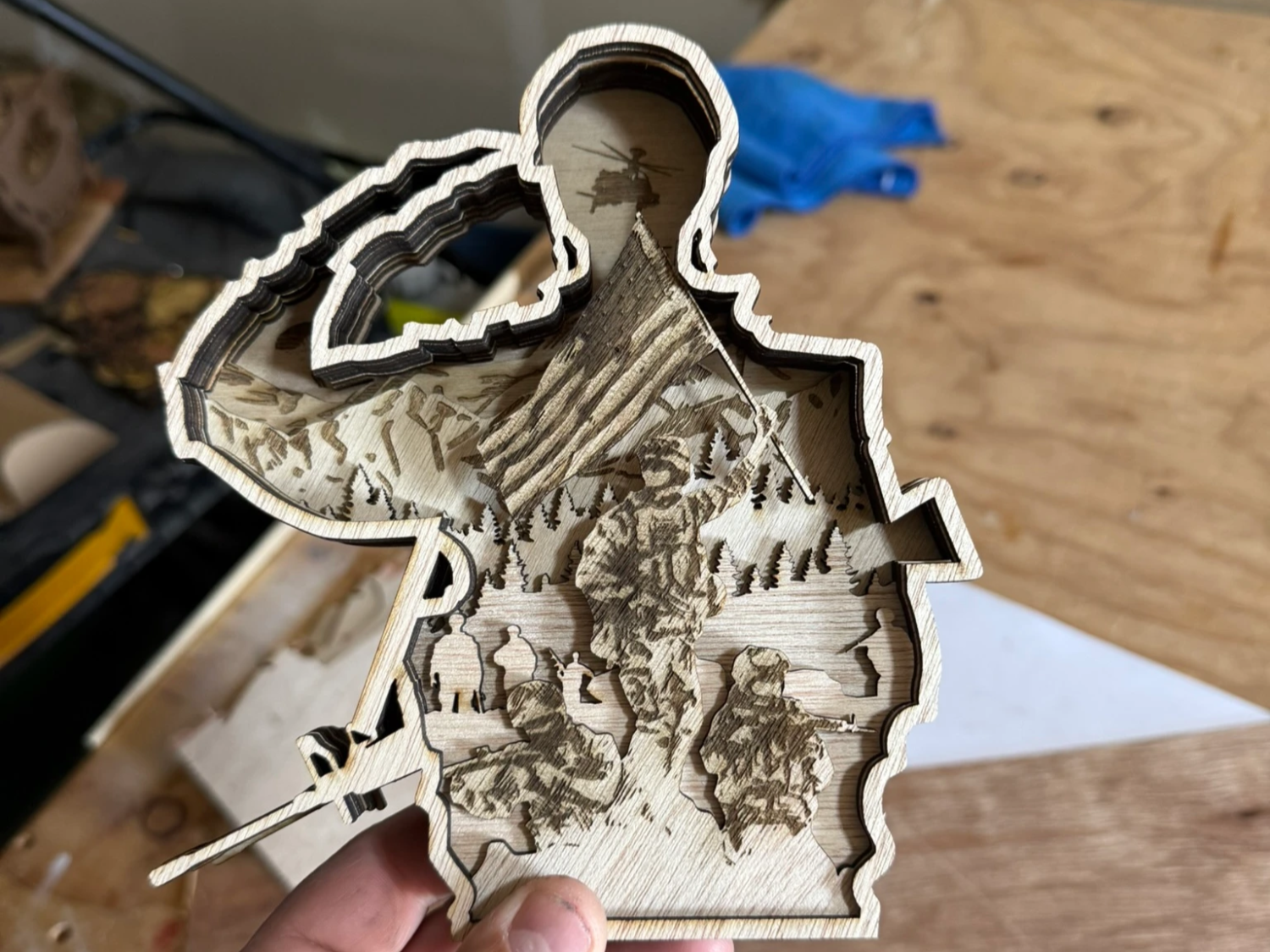 Layered Wooden Soldier Saluting with American Flag and Military Scene ...