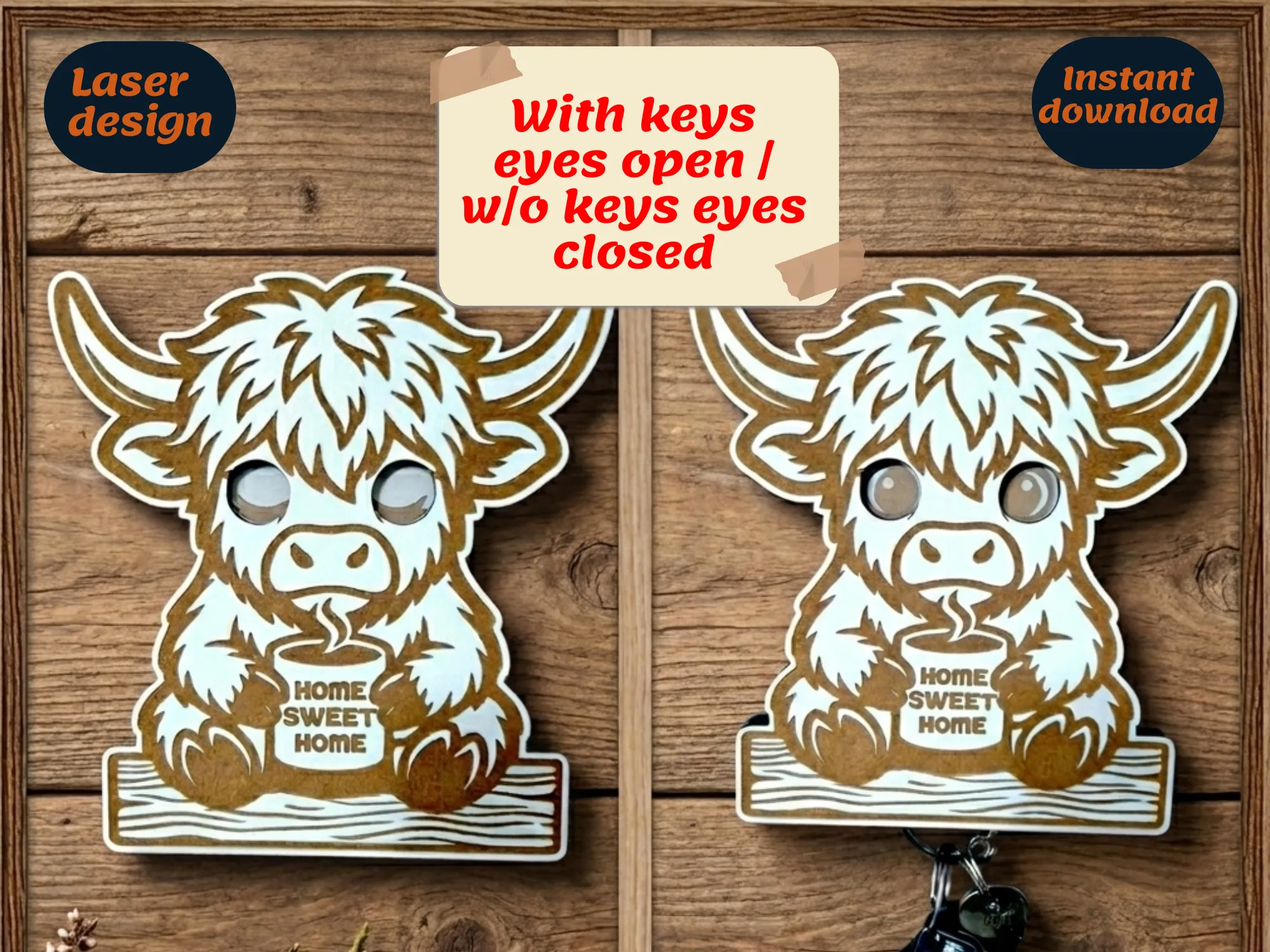 Laser file Highland Cow Key Holder SVG - Ready to Use Files - Atomm