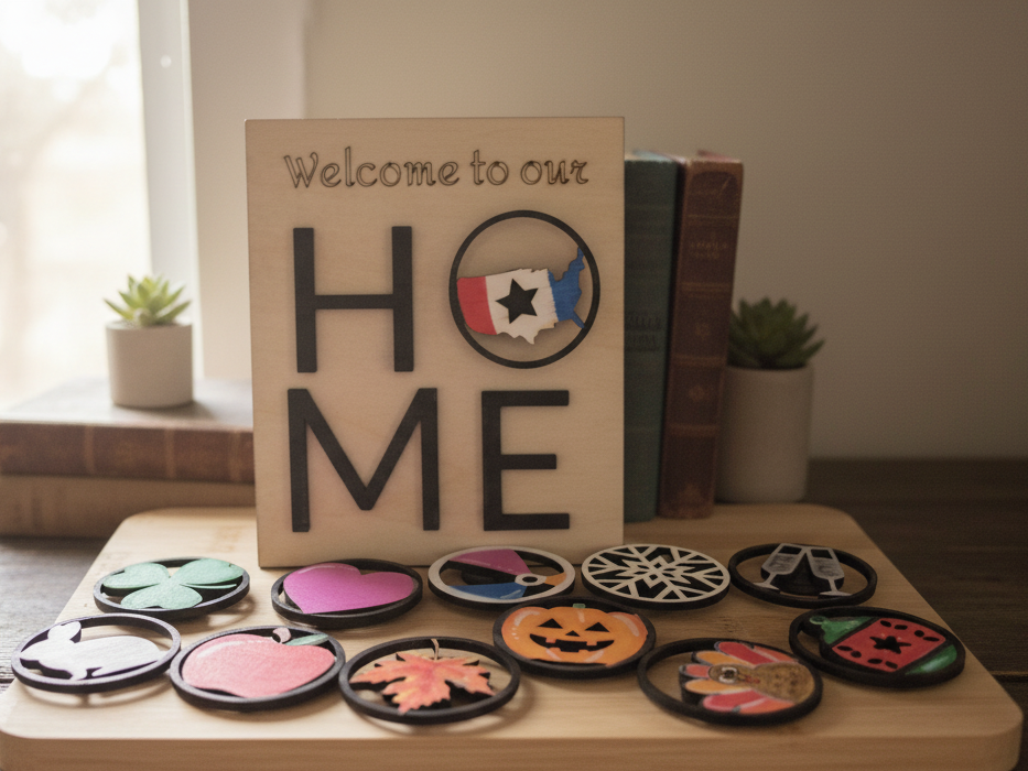 Welcome to Our Home Interchangeable Seasonal Sign with Magnetic Icons