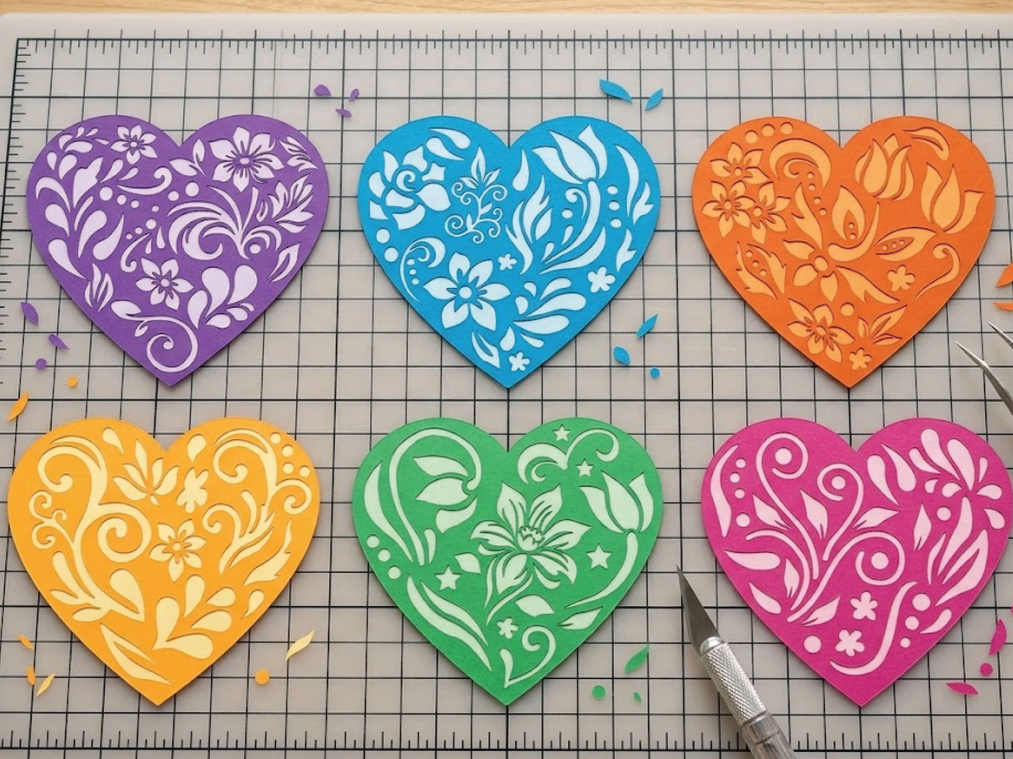Set of Colorful Floral Heart Cutouts with Intricate Swirl Patterns ...