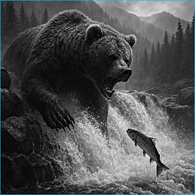 Grizzly bear catching a salmon in a mountain waterfall wall art - Free ...