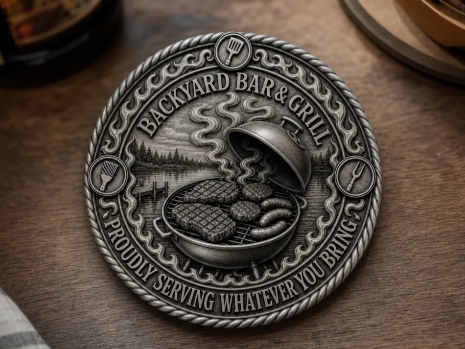 Backyard Bar and Grill Round Slate Coaster with Grilling Motif - Free ...