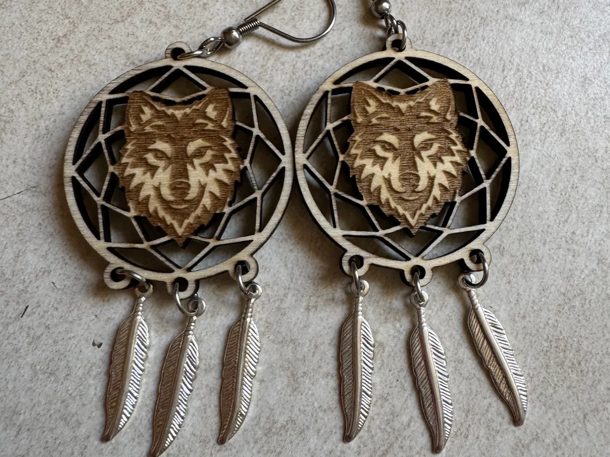 Wolf image on dream catcher earrings