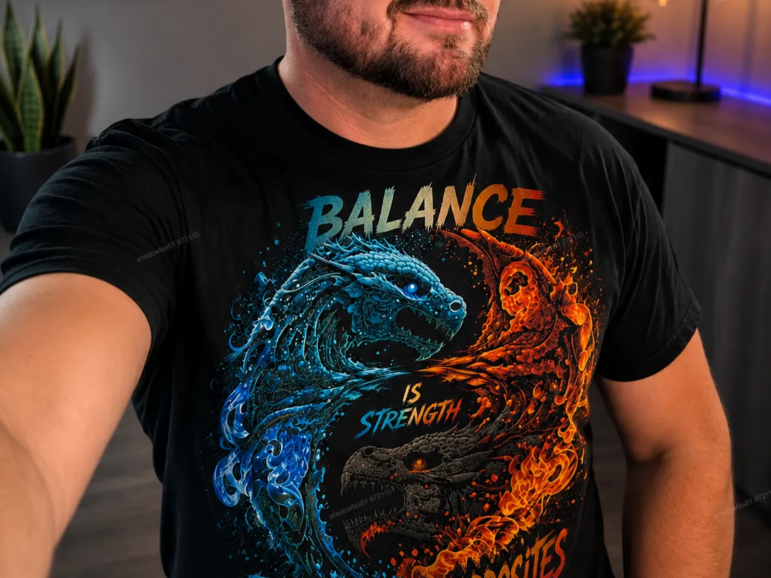 "Balance Is Strength." Black T-Shirt Featuring Fire and Ice Dragon Yin ...